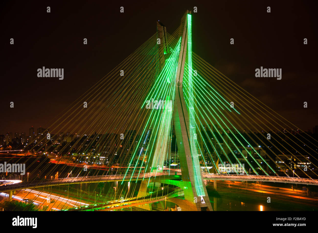 Most famous bridge lit up in the city at night, Octavio Frias De ...