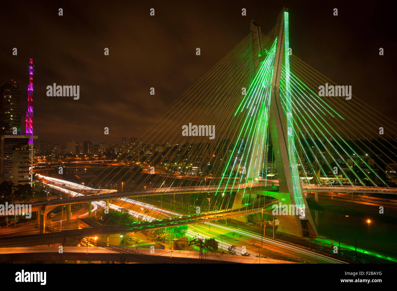 Scenic view of Octavio Frias de Oliveira bridge illuminated at night ...