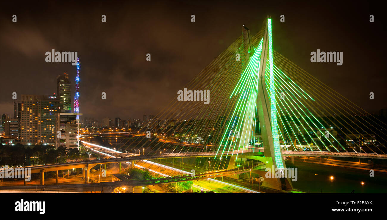 Scenic view of Octavio Frias de Oliveira bridge illuminated at night ...