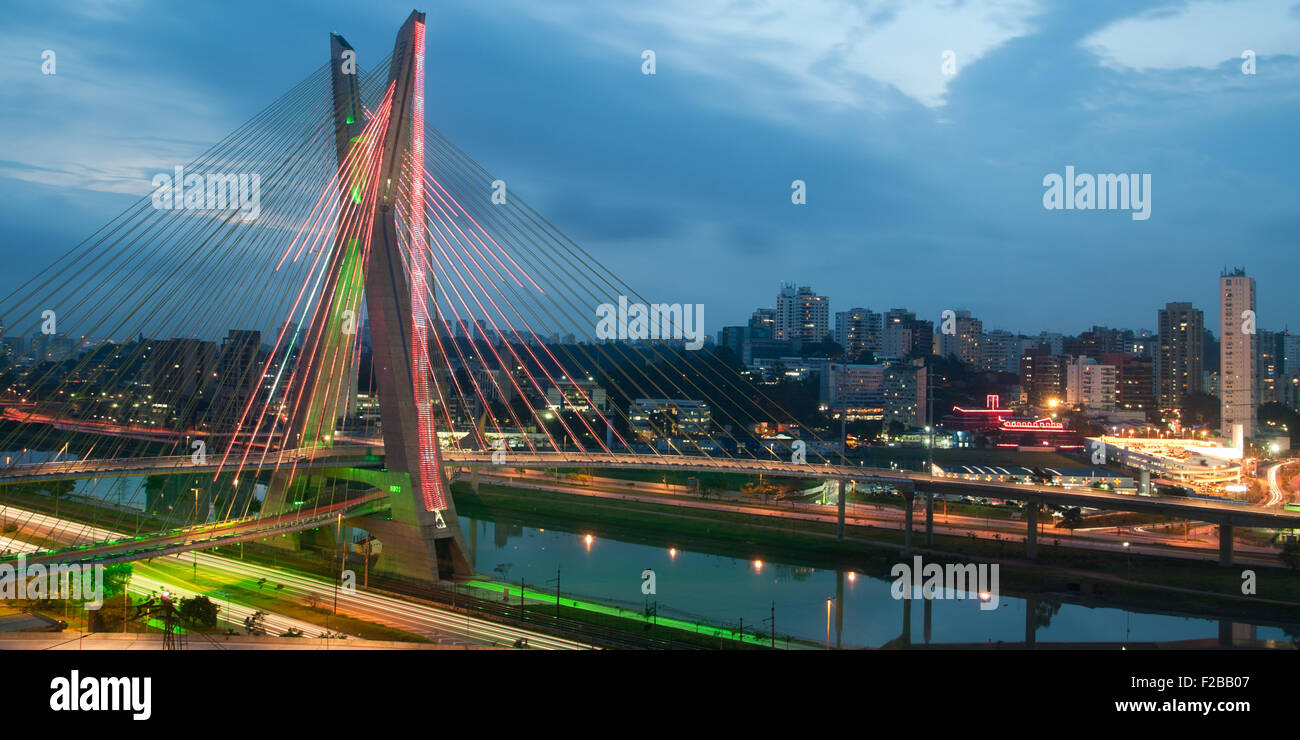 Scenic view of Octavio Frias de Oliveira bridge illuminated at night ...