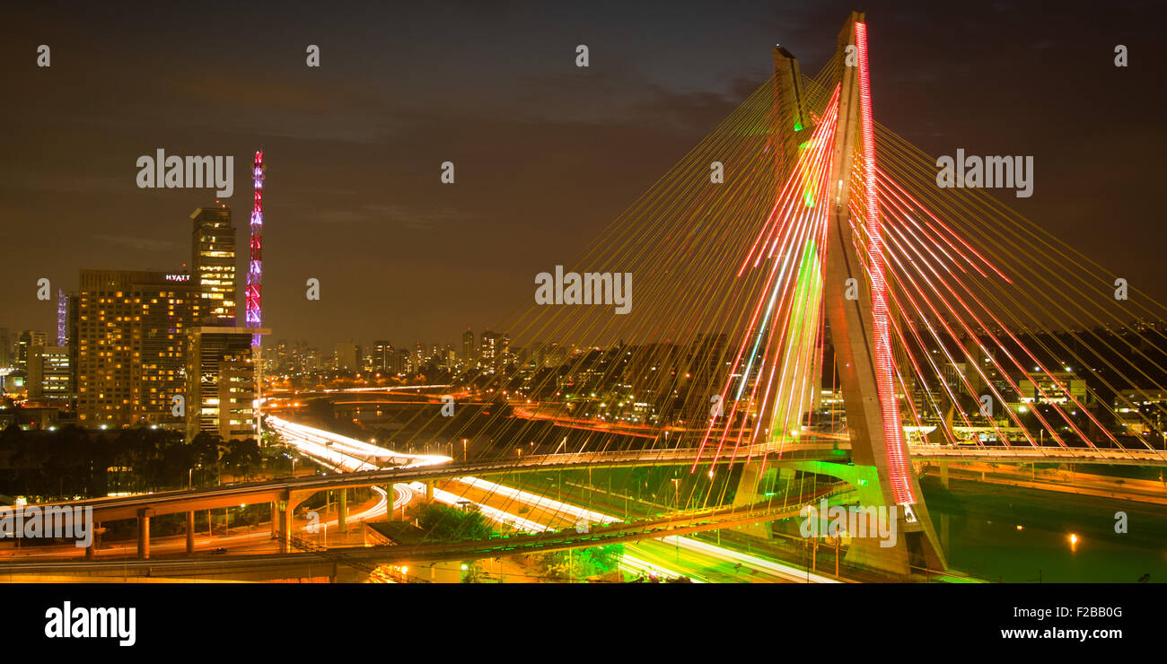 Scenic view of Octavio Frias de Oliveira bridge illuminated at night ...