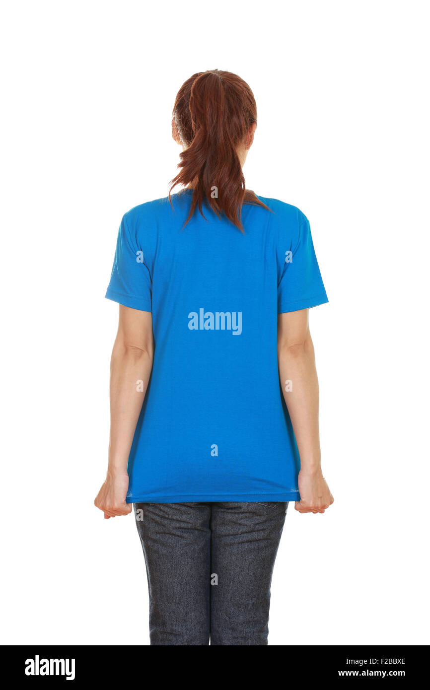 female with blank blue t-shirt (back side) isolated on white background ...