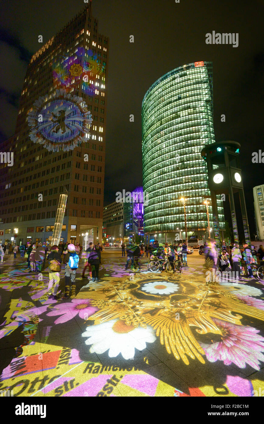 Festival of Lights, highrise buildings at Potsdamer Platz, illuminated ...