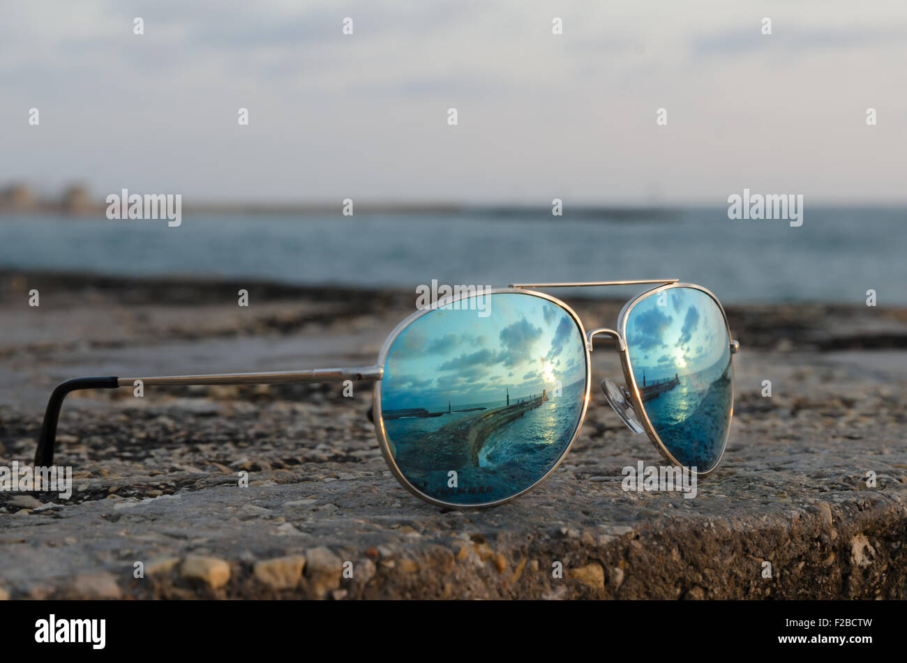 Pier reflection in aviator sunglasses in Tel Aviv Israel Stock Photo ...