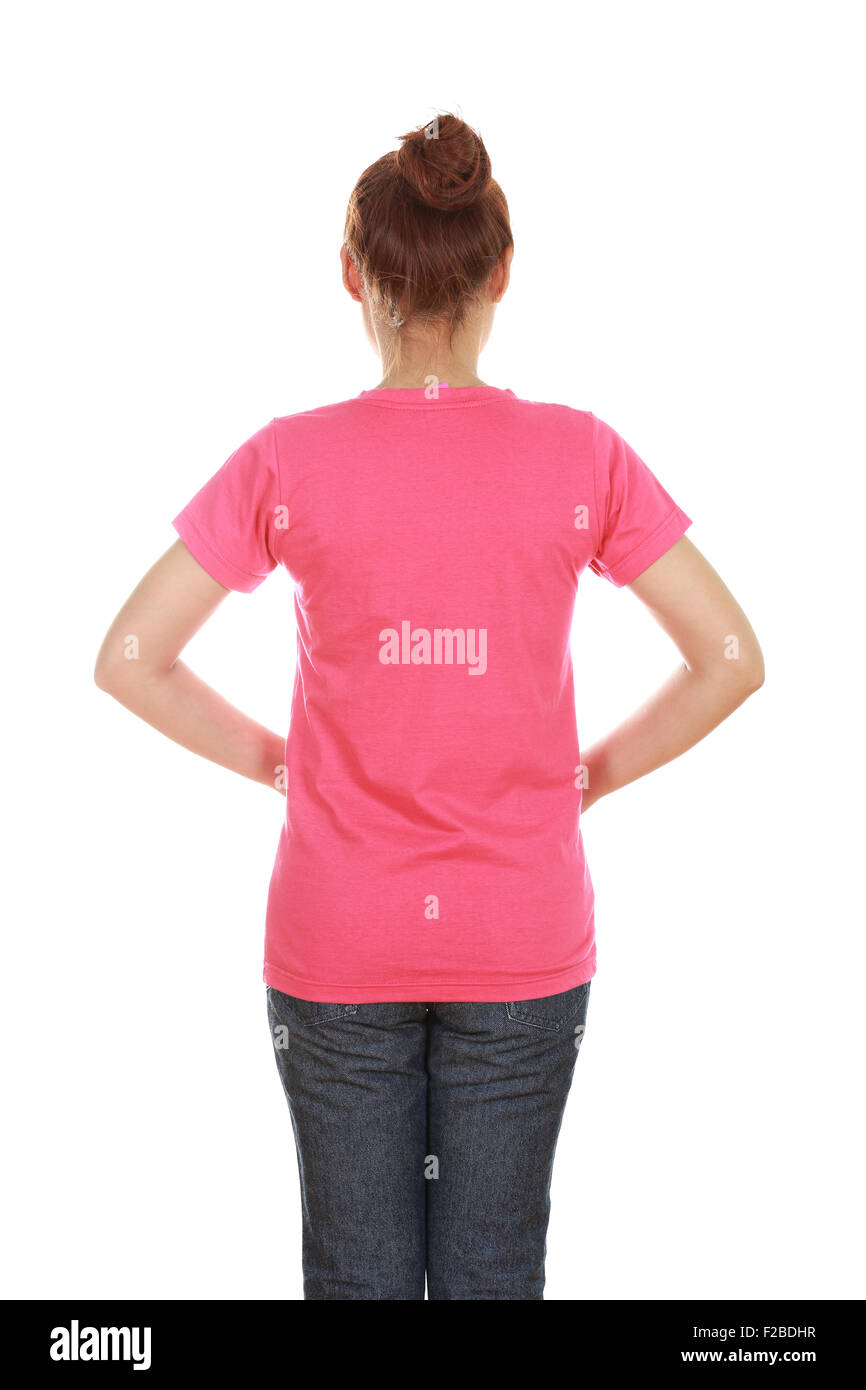 female with blank pink t-shirt (back side) isolated on white background ...