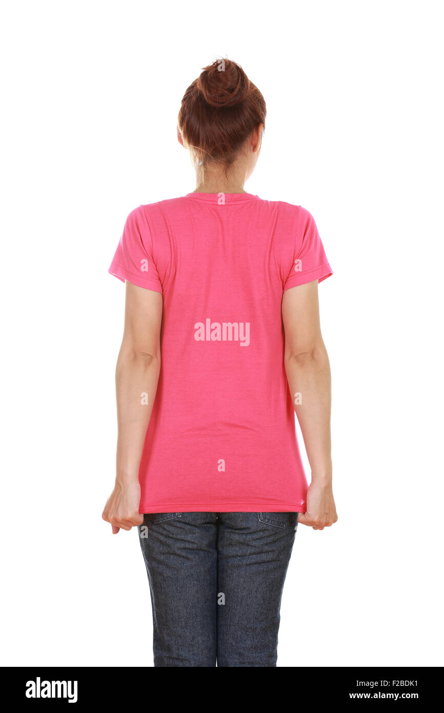 female with blank pink t-shirt (back side) isolated on white background ...