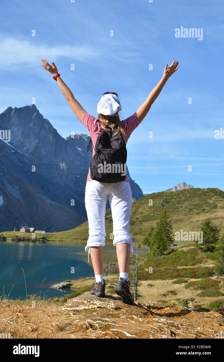 Girl enjoying Alpine panorama. Switzerland Stock Photo - Alamy
