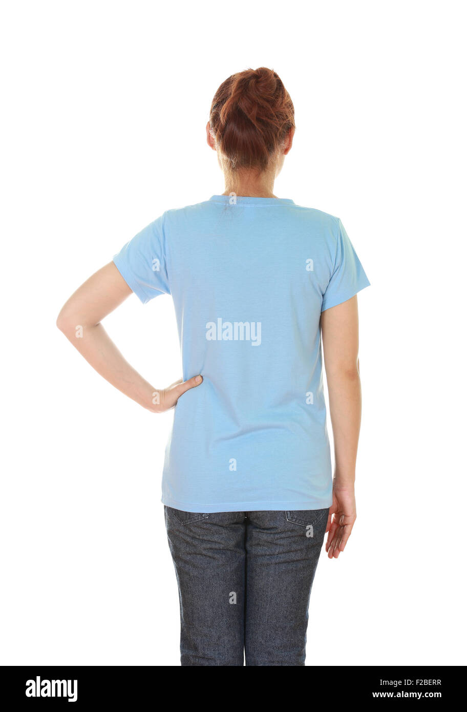 female with blank blue t-shirt (back side) isolated on white background ...