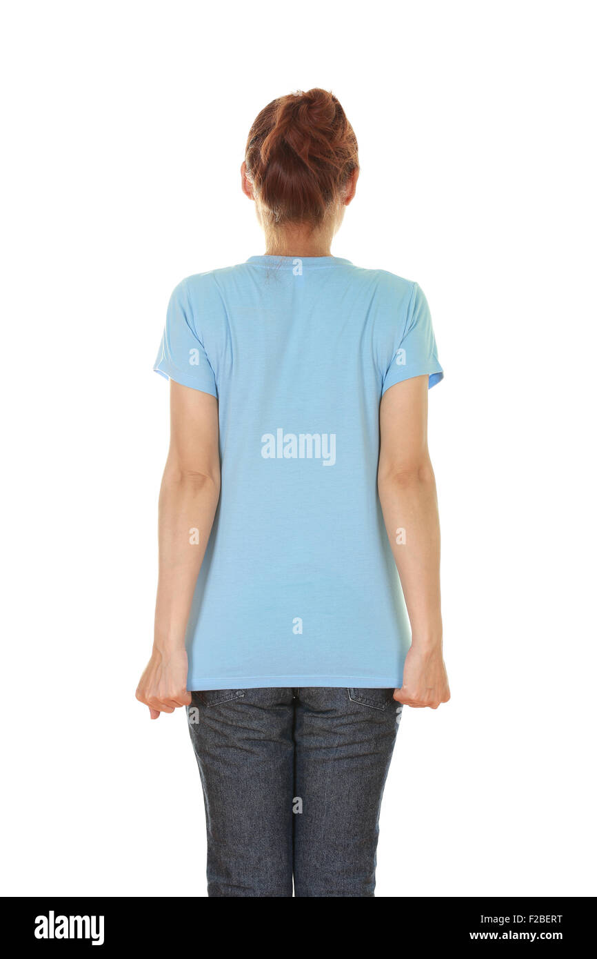 female with blank blue t-shirt (back side) isolated on white background ...