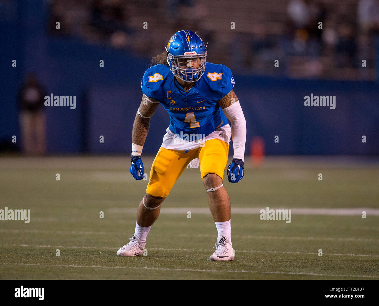 San Jose, CA. 3rd Sep, 2015. San Jose State Spartans linebacker (4 ...