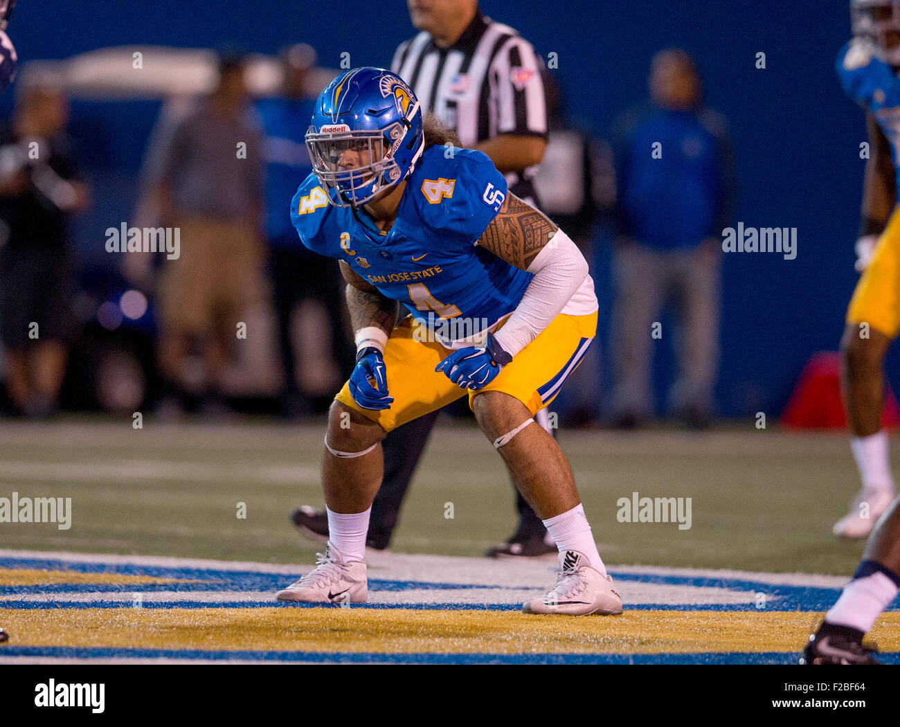 San Jose, CA. 3rd Sep, 2015. San Jose State Spartans linebacker (4 ...