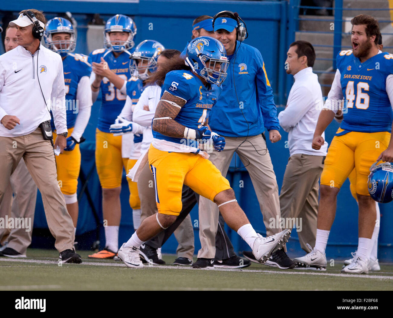 San Jose, CA. 3rd Sep, 2015. San Jose State Spartans linebacker (4 ...