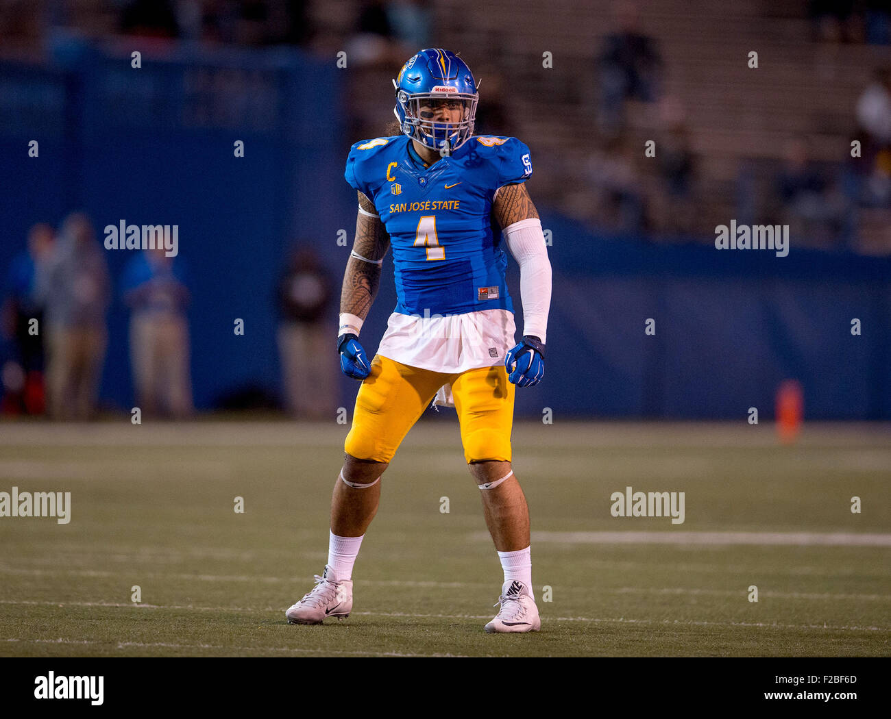 San Jose, CA. 3rd Sep, 2015. San Jose State Spartans linebacker (4 ...