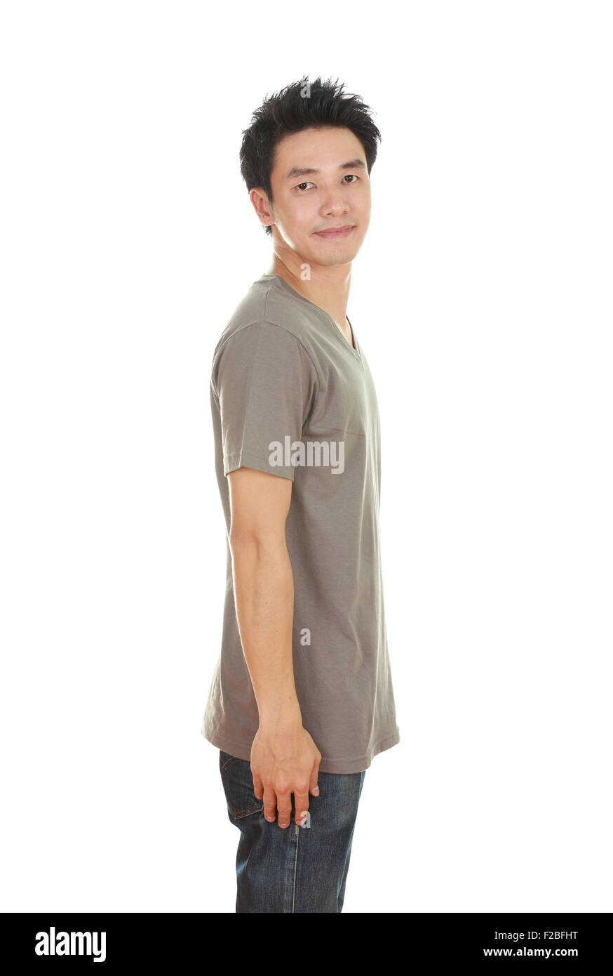 man with brown t-shirt (side view) isolated on white background Stock ...