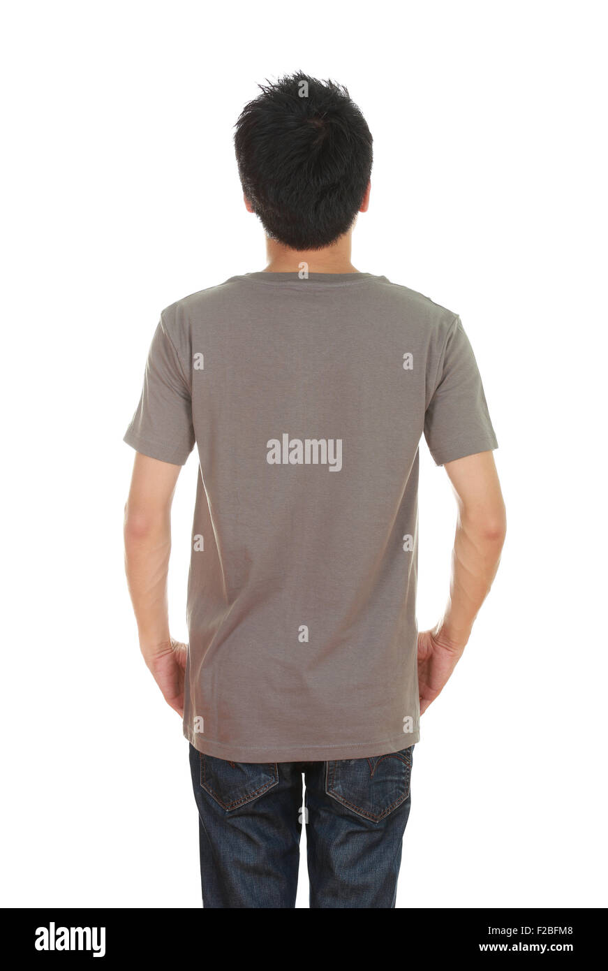 man with blank brown t-shirt (back side) isolated on white background ...