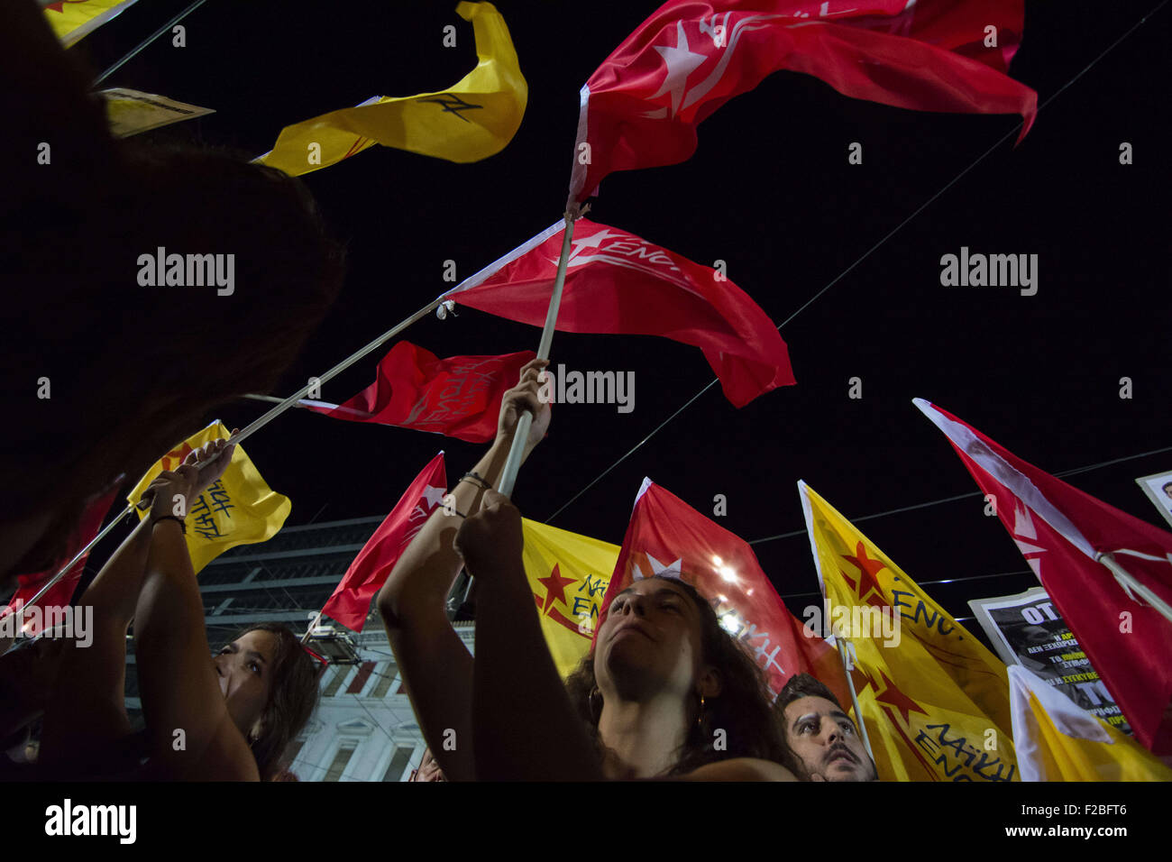 Athens, Greece. 15th Sep, 2015. Popular Union's supporters wave flags ...