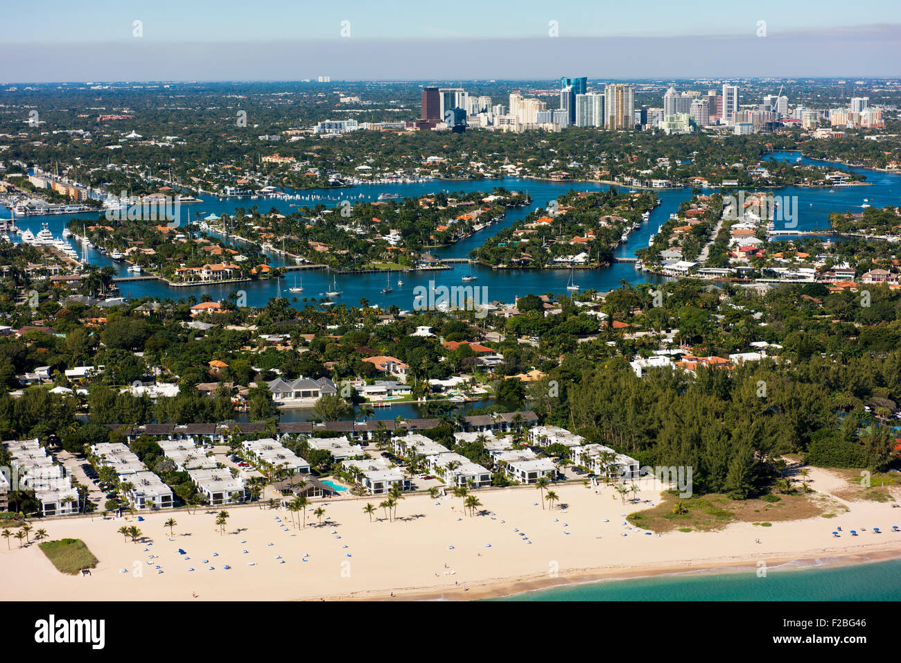 Beach at Fort Lauderdale with canals and downtown in the distance Stock ...