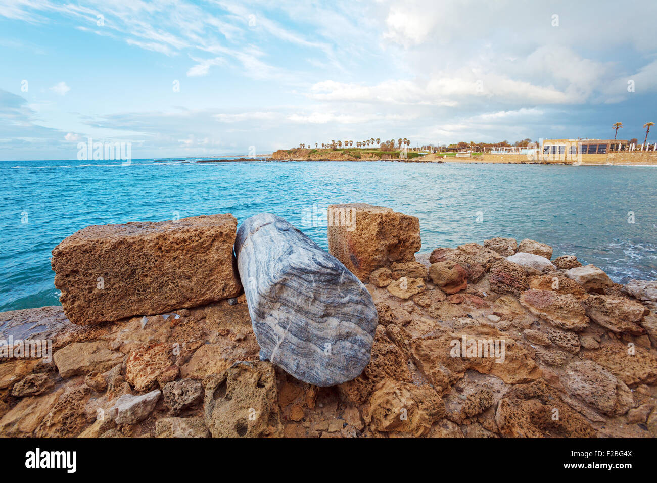 Sea Coast and Ruins of Caesarea Maritima before Sunset, Israel Stock ...