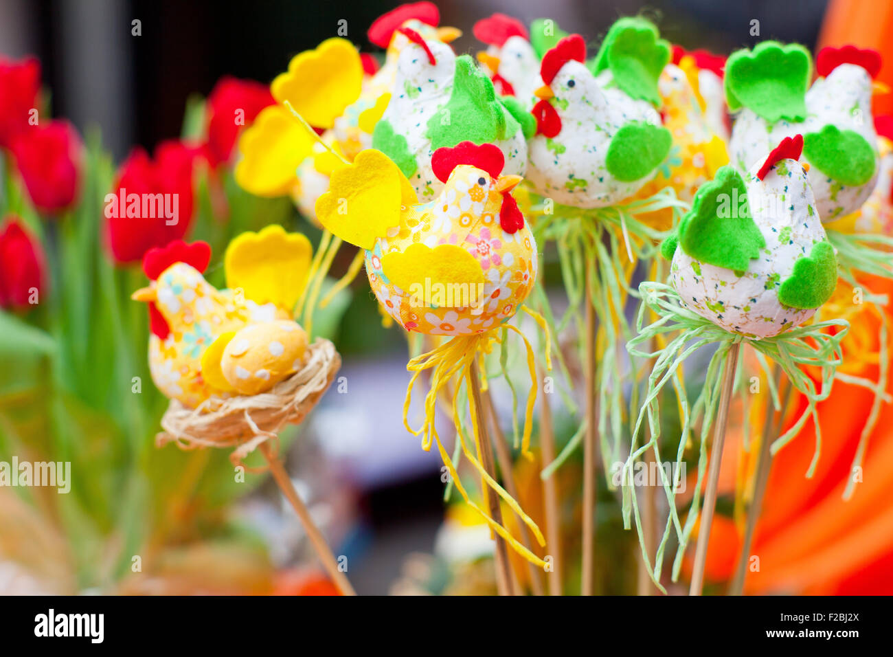 Photo of hens, Colorful Easter decorations Stock Photo - Alamy