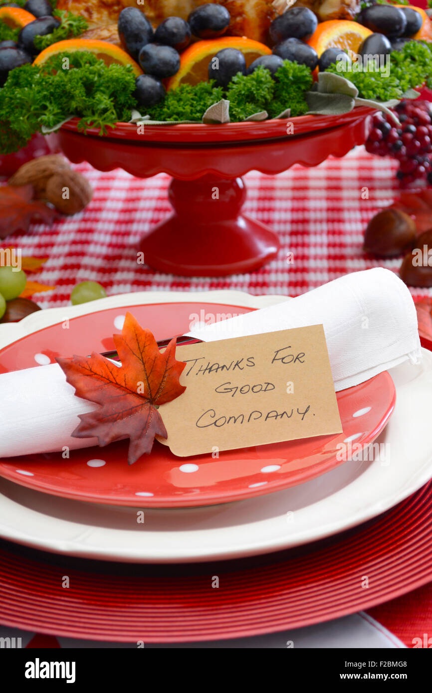 Red and white theme Thanksgiving Table setting with Roast Turkey ...