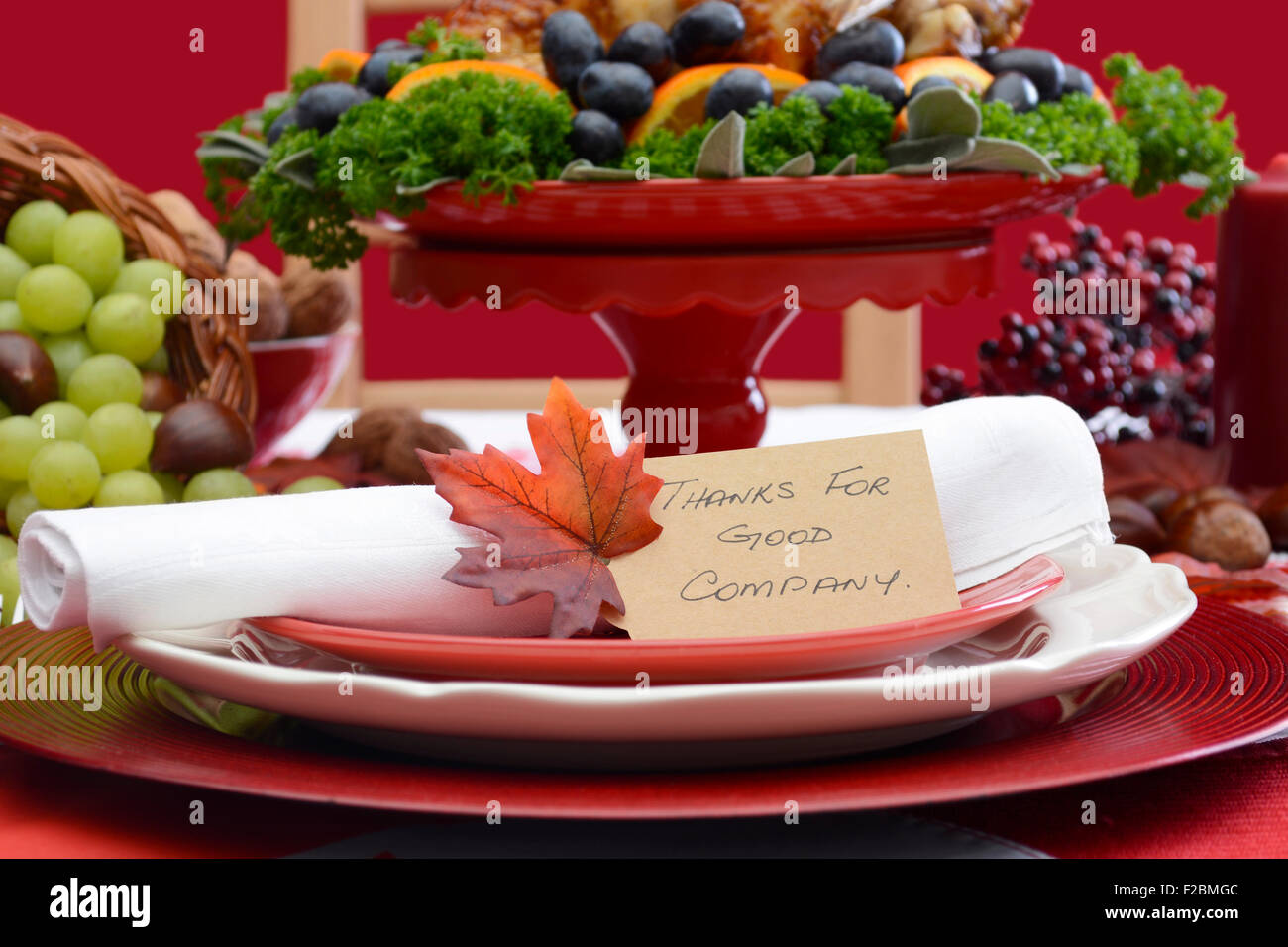Red and white theme Thanksgiving Table setting with Roast Turkey ...