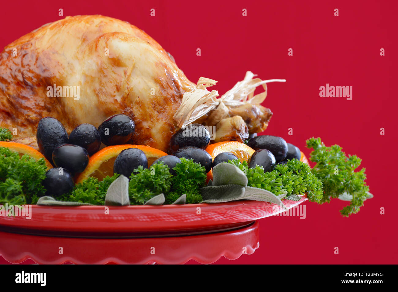 Red and white theme Thanksgiving Table setting with Roast Turkey ...