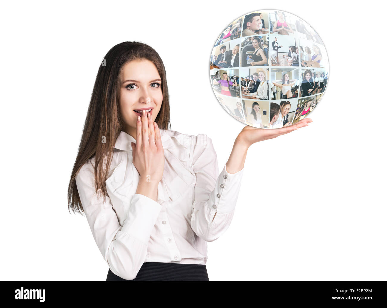 Surprised young woman present a collage sphere on the open hand palm ...