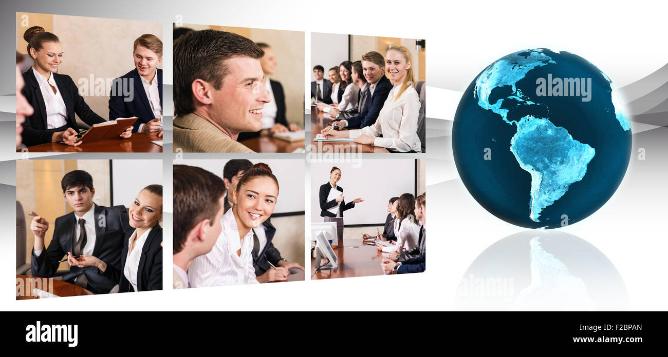Collage of business people in conference hall with globe. Elements of ...