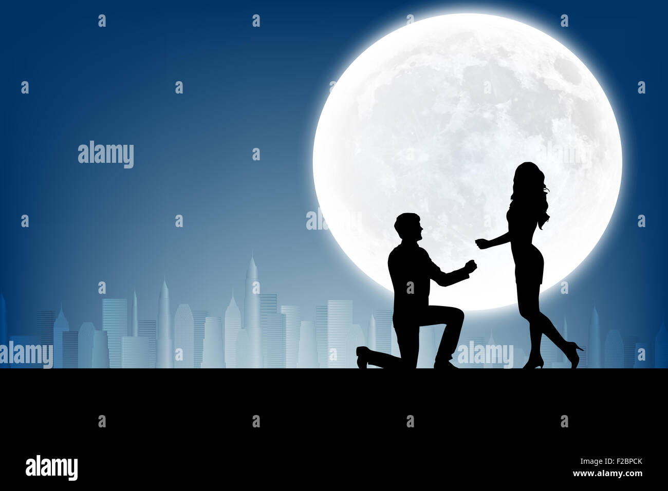silhouette of man makes a proposal a silhouette woman on the full moon ...