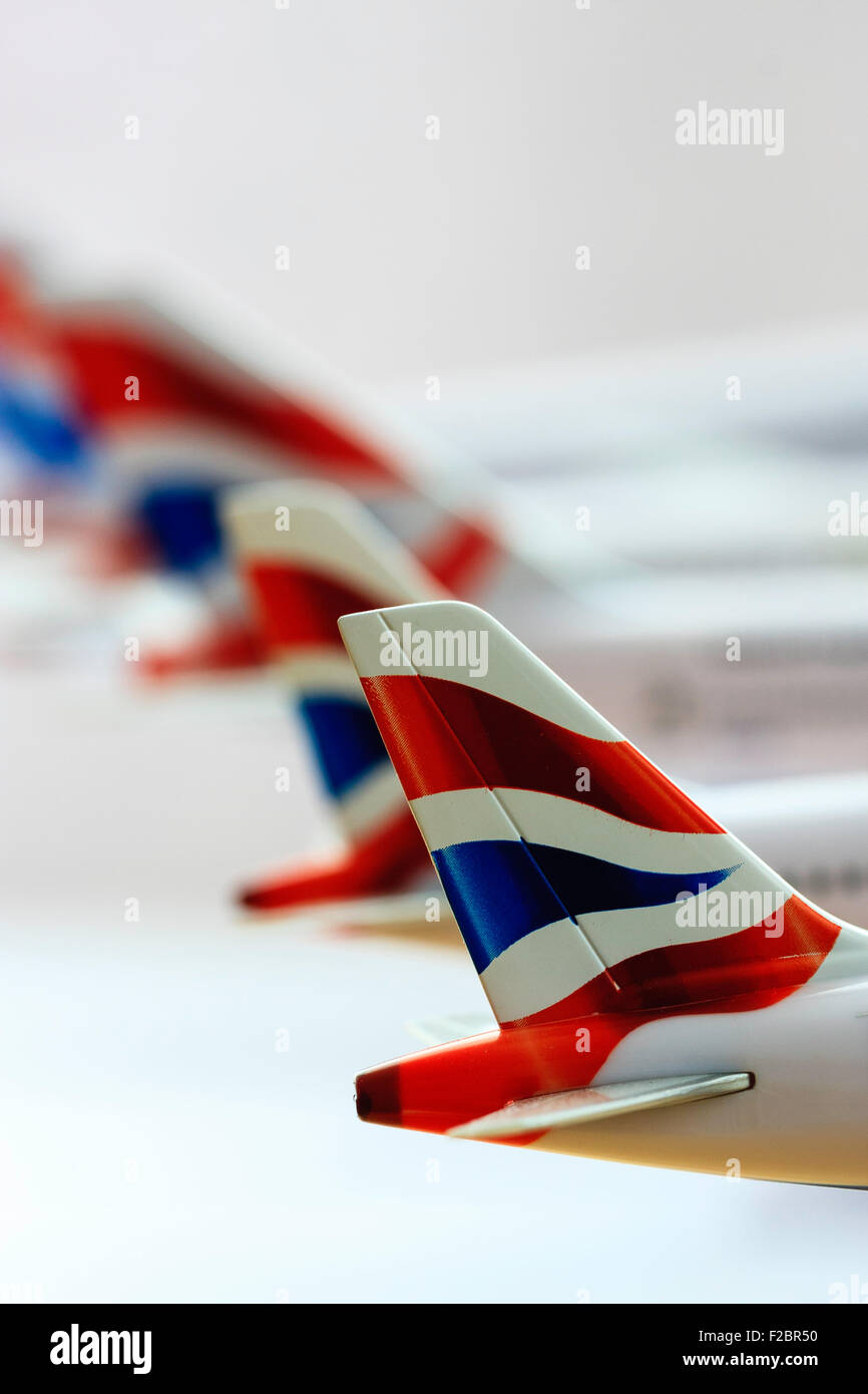 Row of British Airways tail fins of planes with wavy red white and blue ...