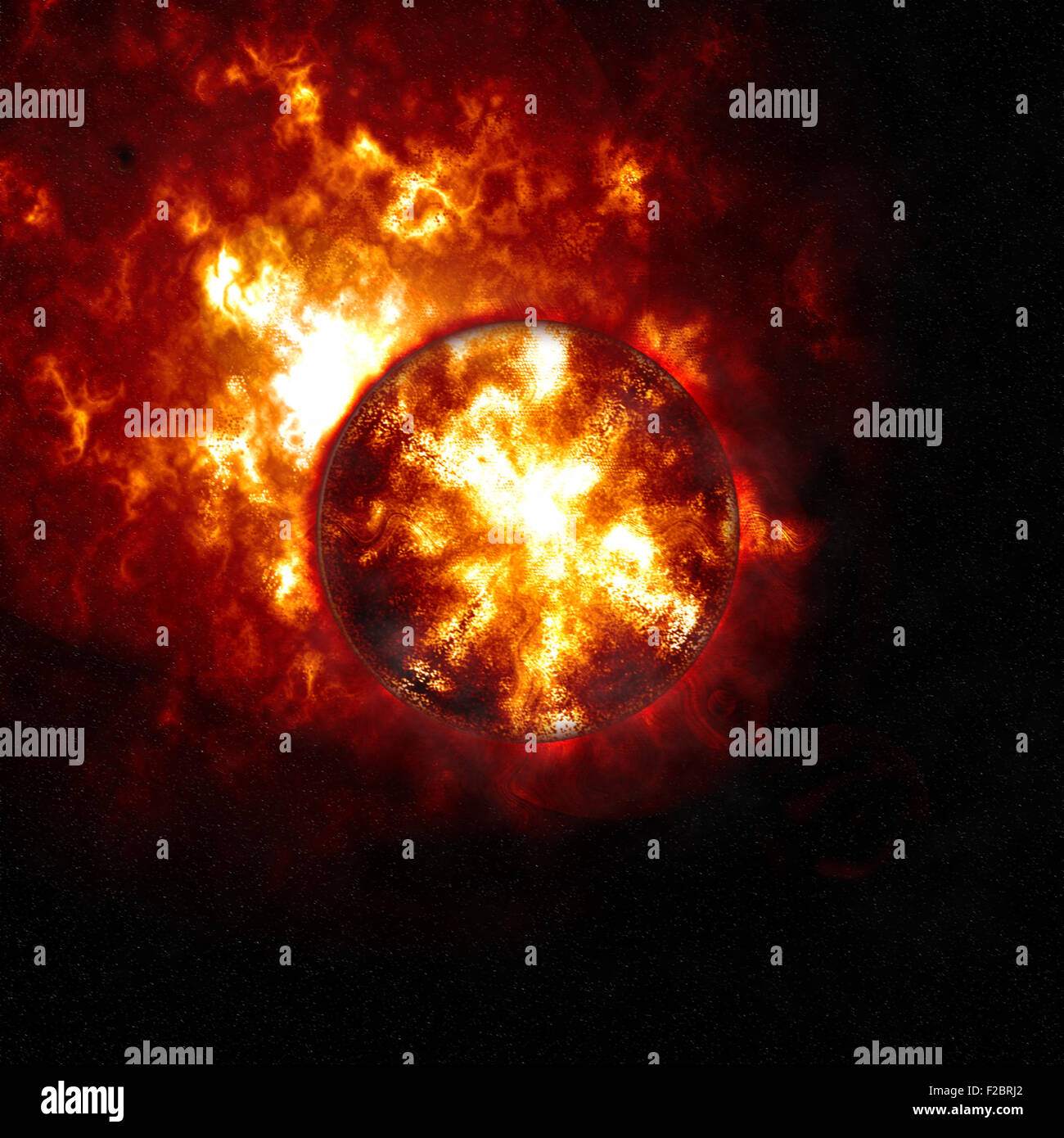 Abstract background of burning planet or sun. Apocalypse. Exploding ...