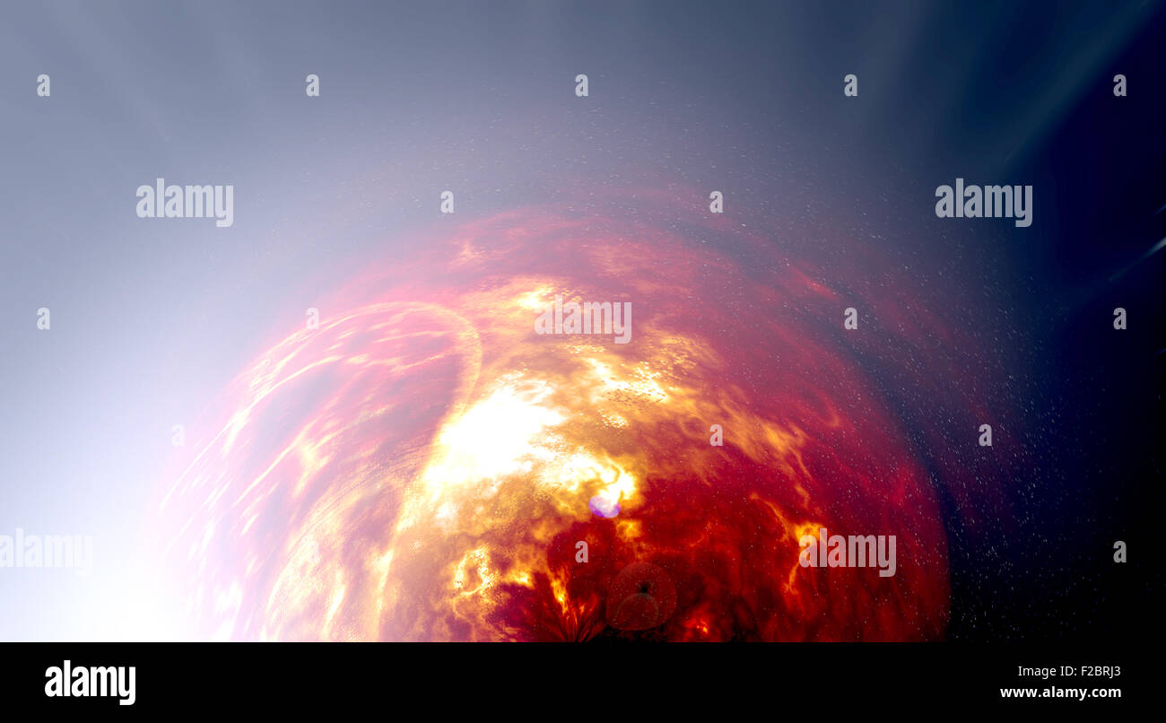Abstract background of burning planet or sun. Apocalypse. Exploding ...