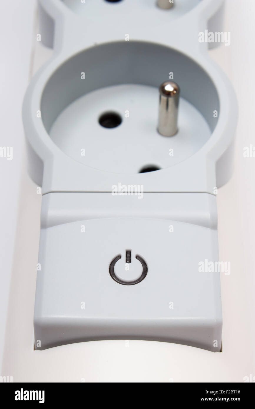 Electrical power strip with switch on-off on white background ...