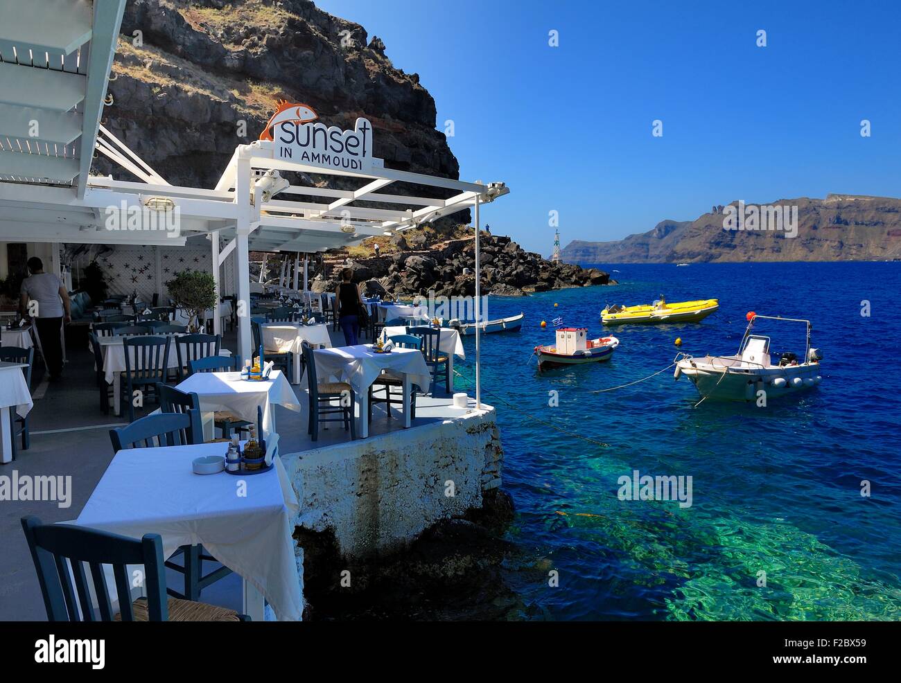 A harbour fish restaurant in Amoudi bay Santorini Greece Stock Photo ...