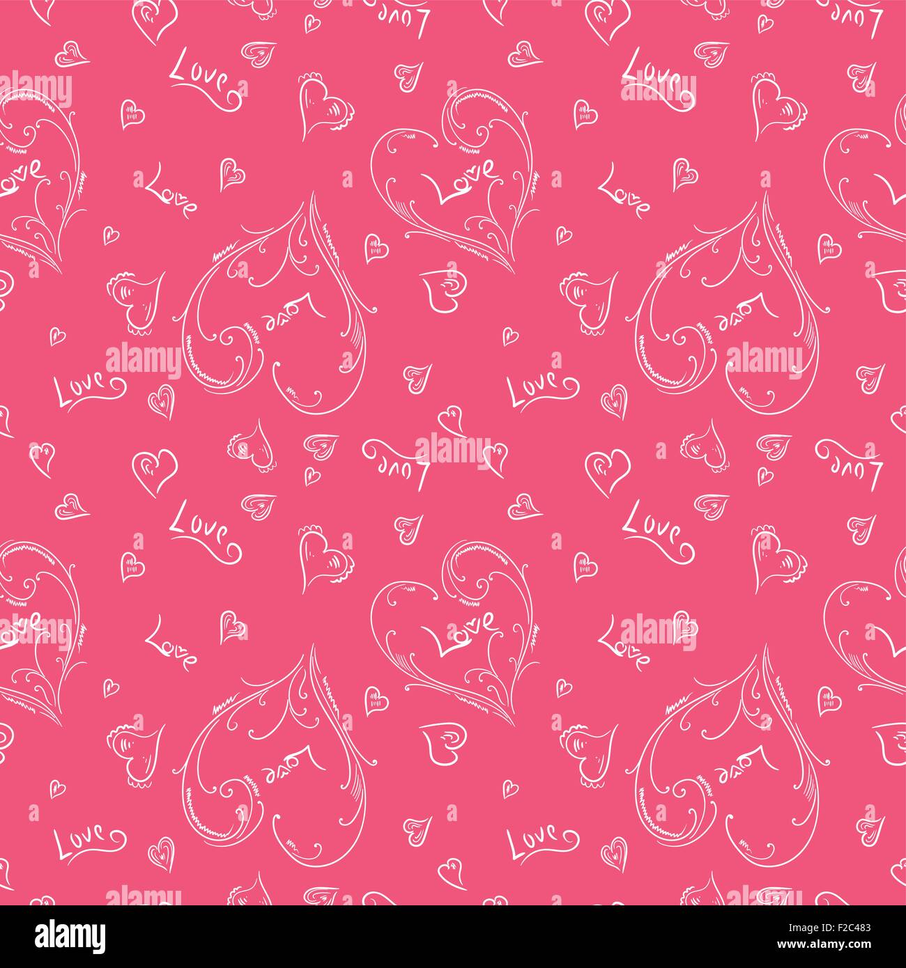 Vector seamless background with heart shapes and love words Stock ...