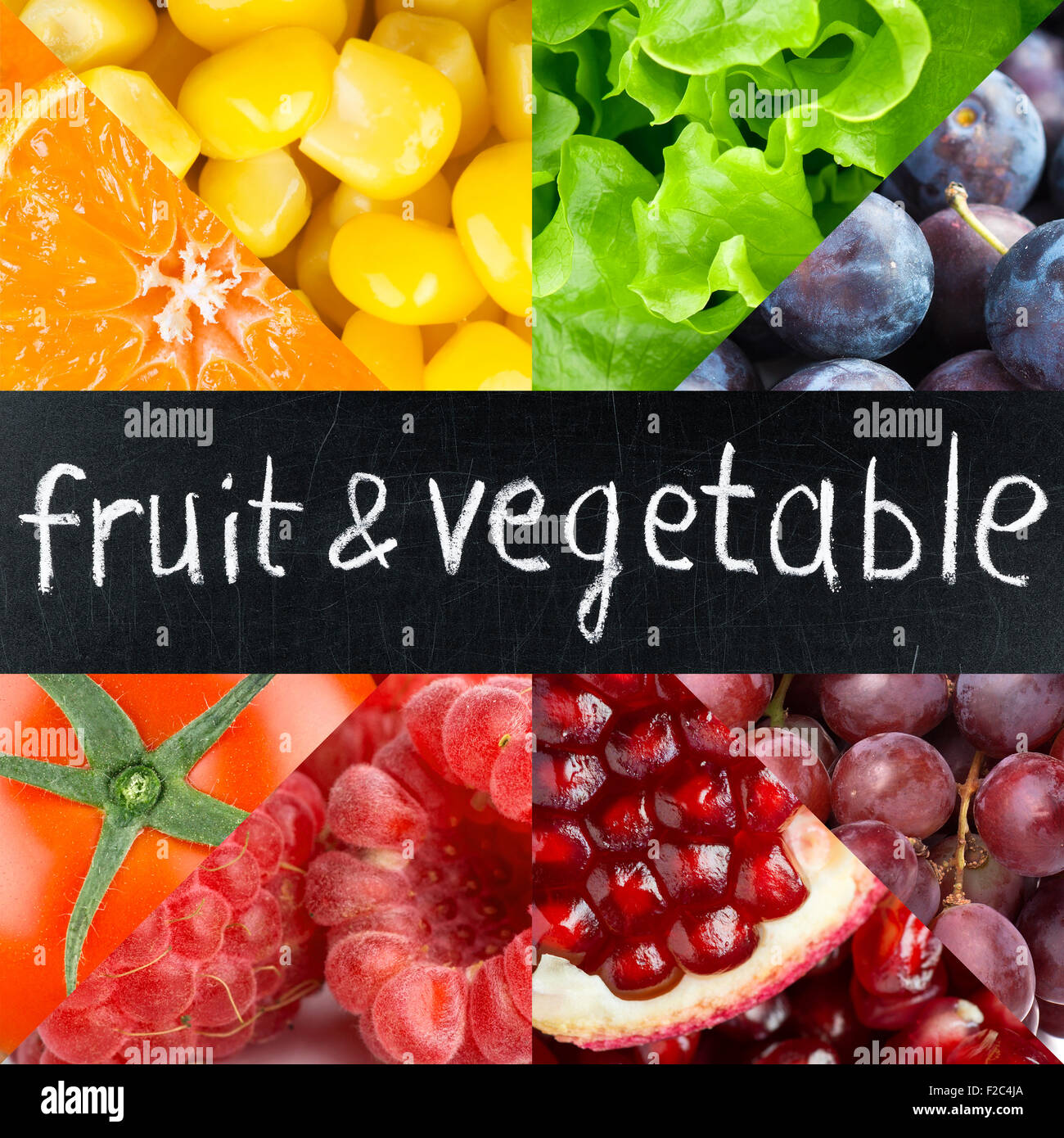 Fresh color fruits and vegetables concept. Food background Stock Photo ...