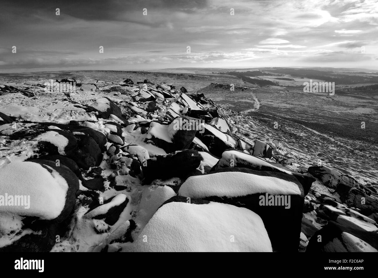 January, winter snow view, Burbage rocks, Burbage moor, near Hathersage ...