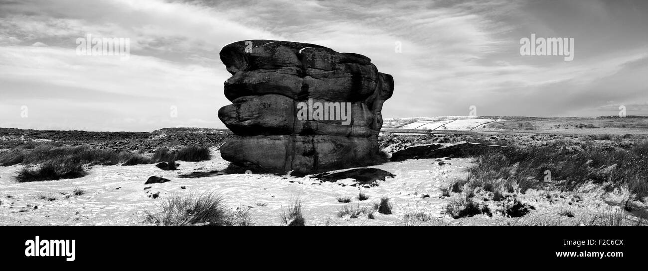 January, winter snow, the Eagle Stone on Baslow Edge; Derbyshire County ...