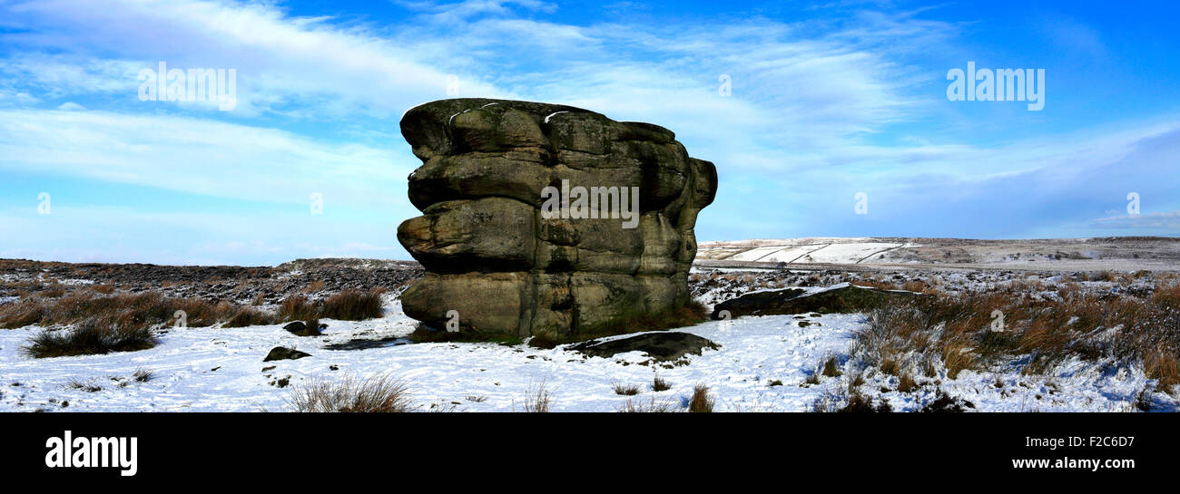 January, winter snow, the Eagle Stone on Baslow Edge; Derbyshire County ...