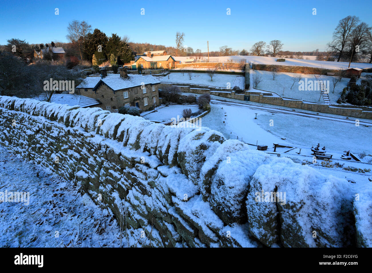 January winter snow, Cottages at Edensor village; Chatsworth estate ...