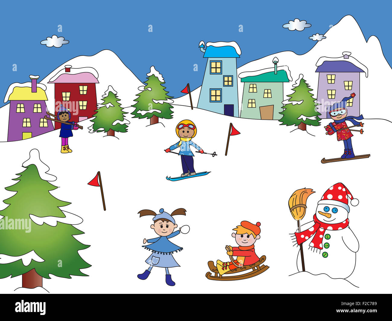 winter landscape with happy children Stock Photo - Alamy