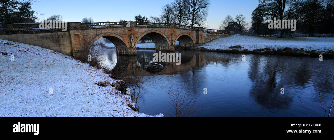 Winter snow at Chatsworth House, river Derwent, home of Duke of ...
