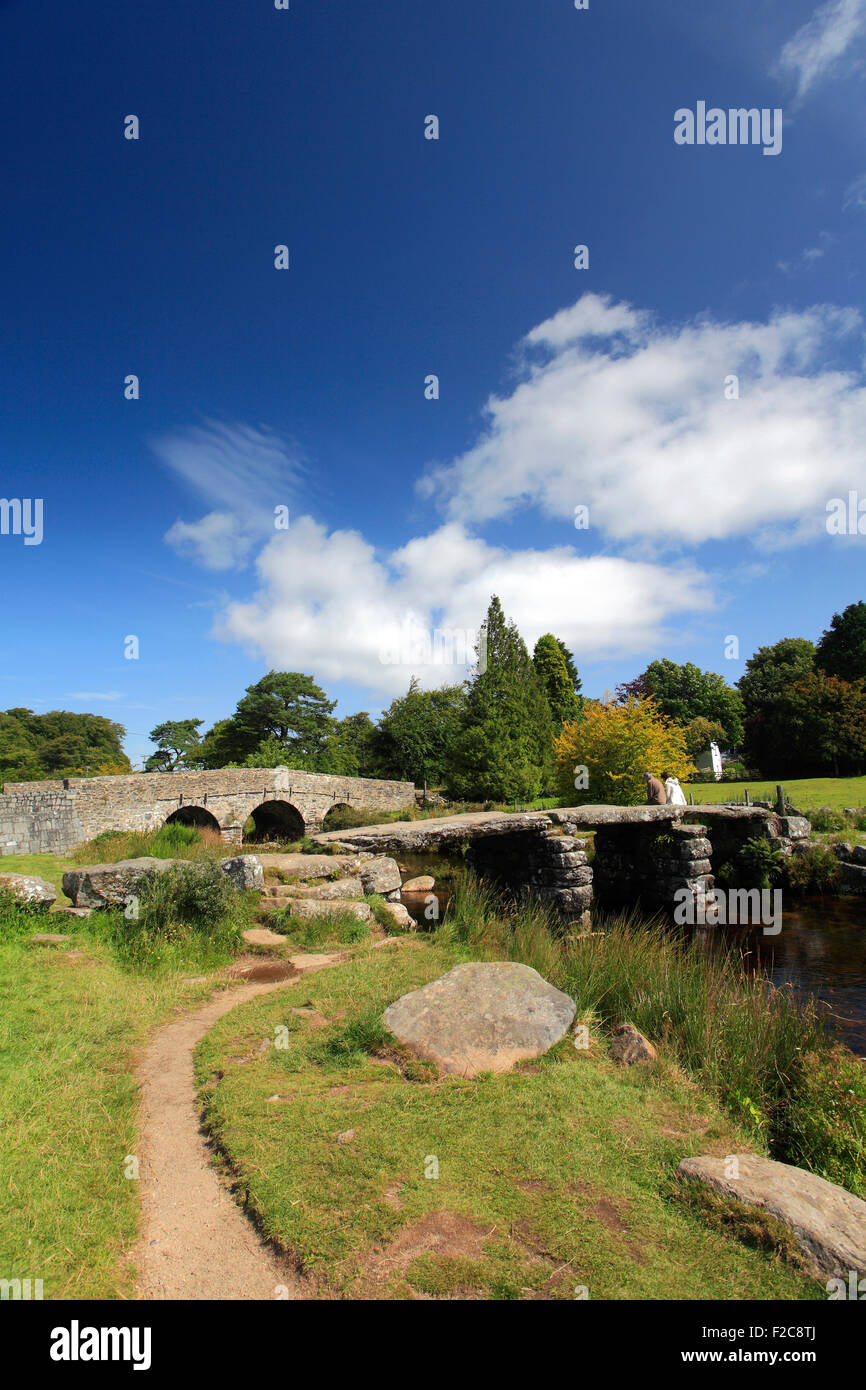 Summer, Ancient Stone Clapper Bridge, Postbridge village; East Dart ...