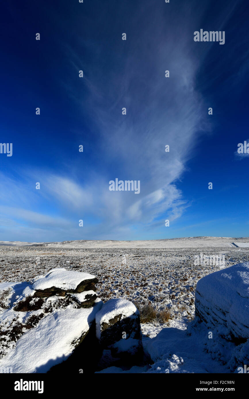 January, winter snow view over Froggatt Edge and Big Moor; Derbyshire ...