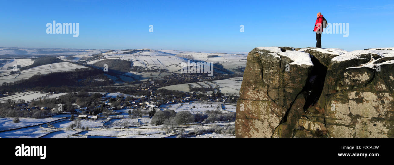 Winter snow, Adult male walker on Curbar Edge, Peak District National ...