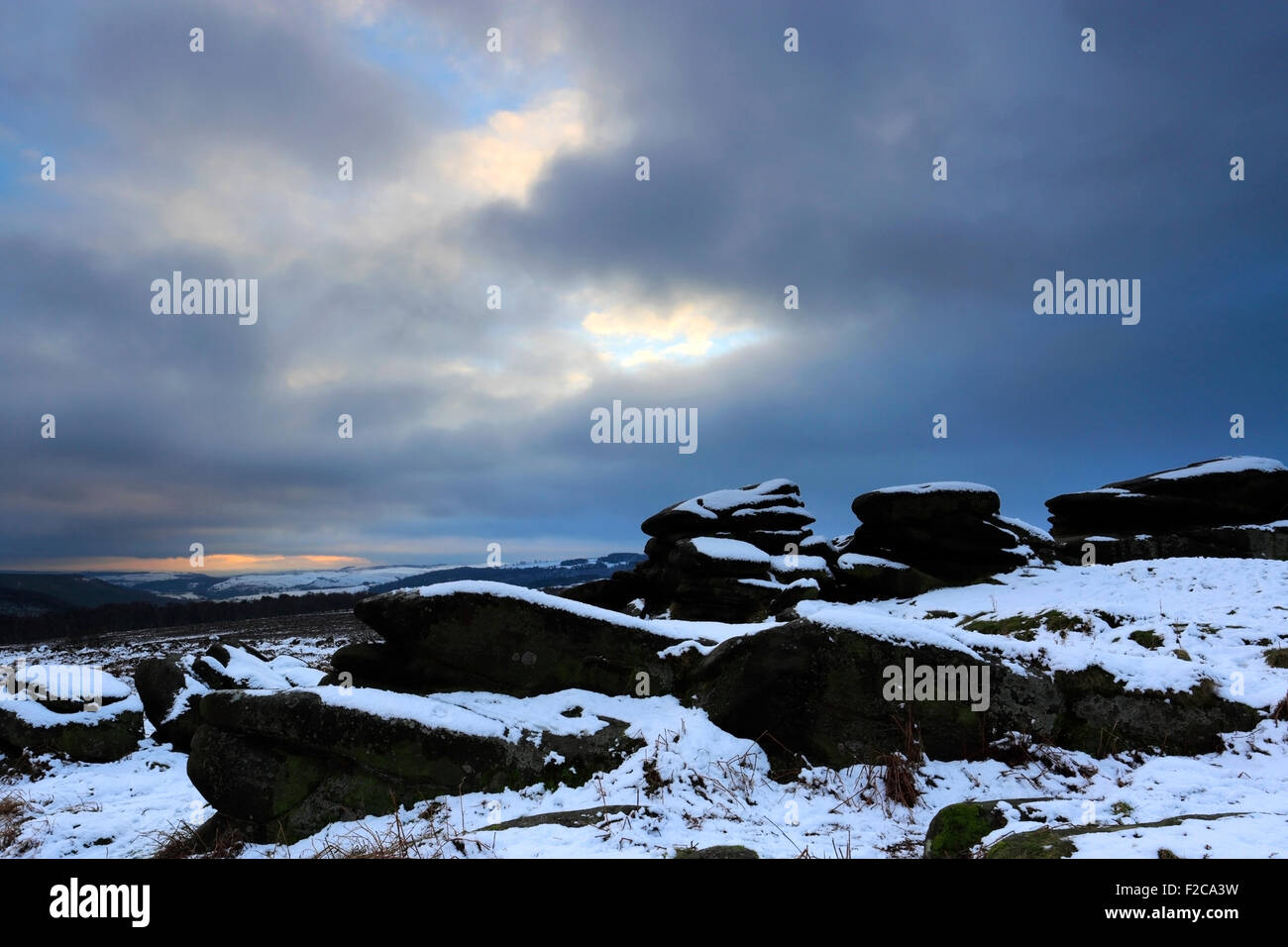 January, winter snow view, gritstone rocks on Lawrence Field ...
