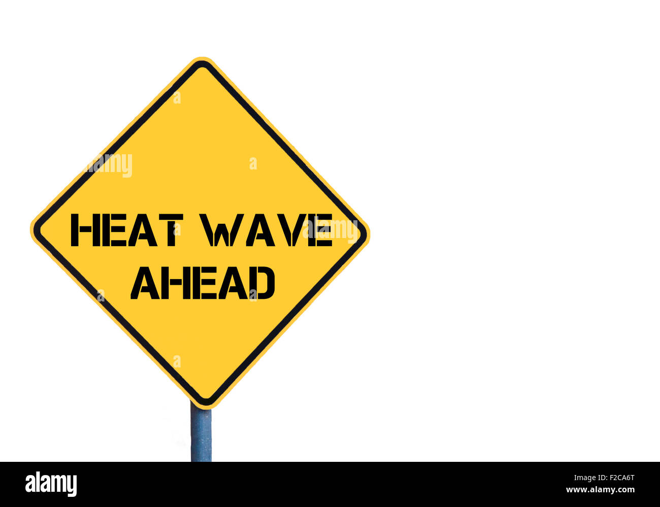 Yellow roadsign with HEAT WAVE ahead message isolated on white ...