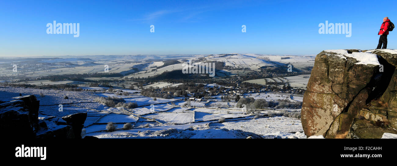 Winter snow, Adult male walker on Curbar Edge, Peak District National ...