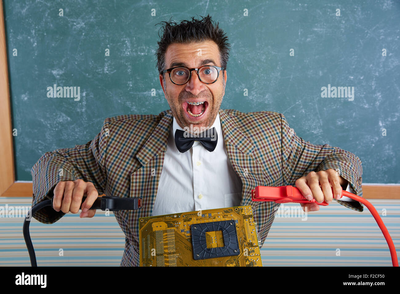 Nerd electronics technician retro teacher silly expression with big ...