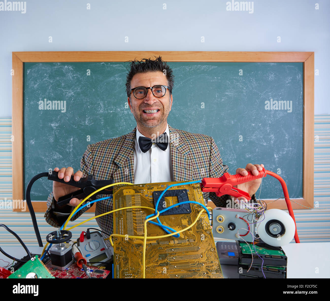 Nerd electronics technician retro teacher silly expression with big ...